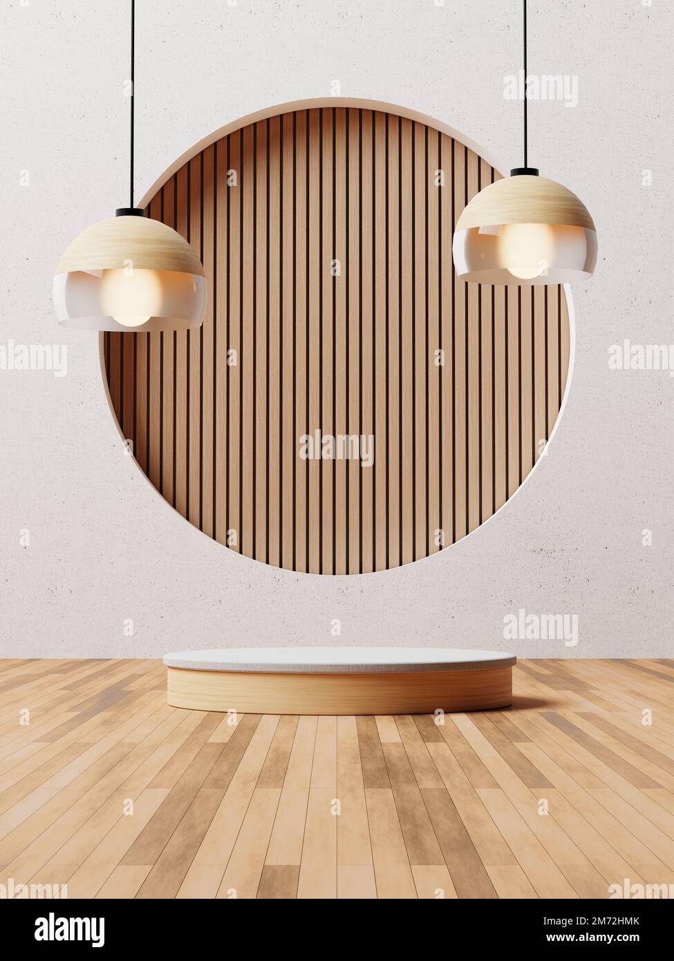 3d wooden display podium on the parquet floor with the lamp against ...