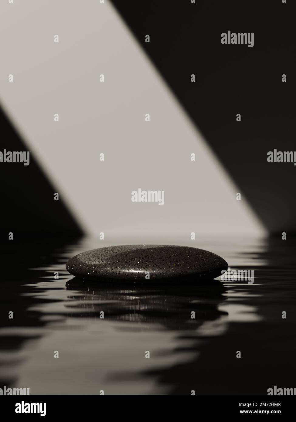 3d black pebble display podium on dark scene against light background ...