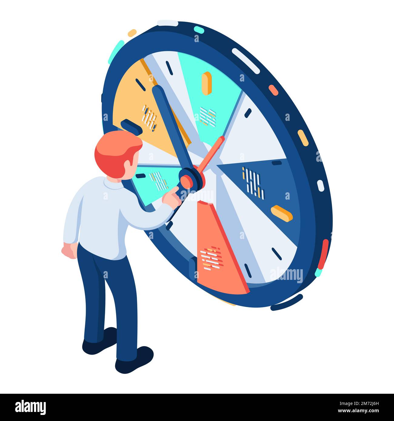 Flat 3d Isometric Businessman Standing with Time Management Clock. Time ...