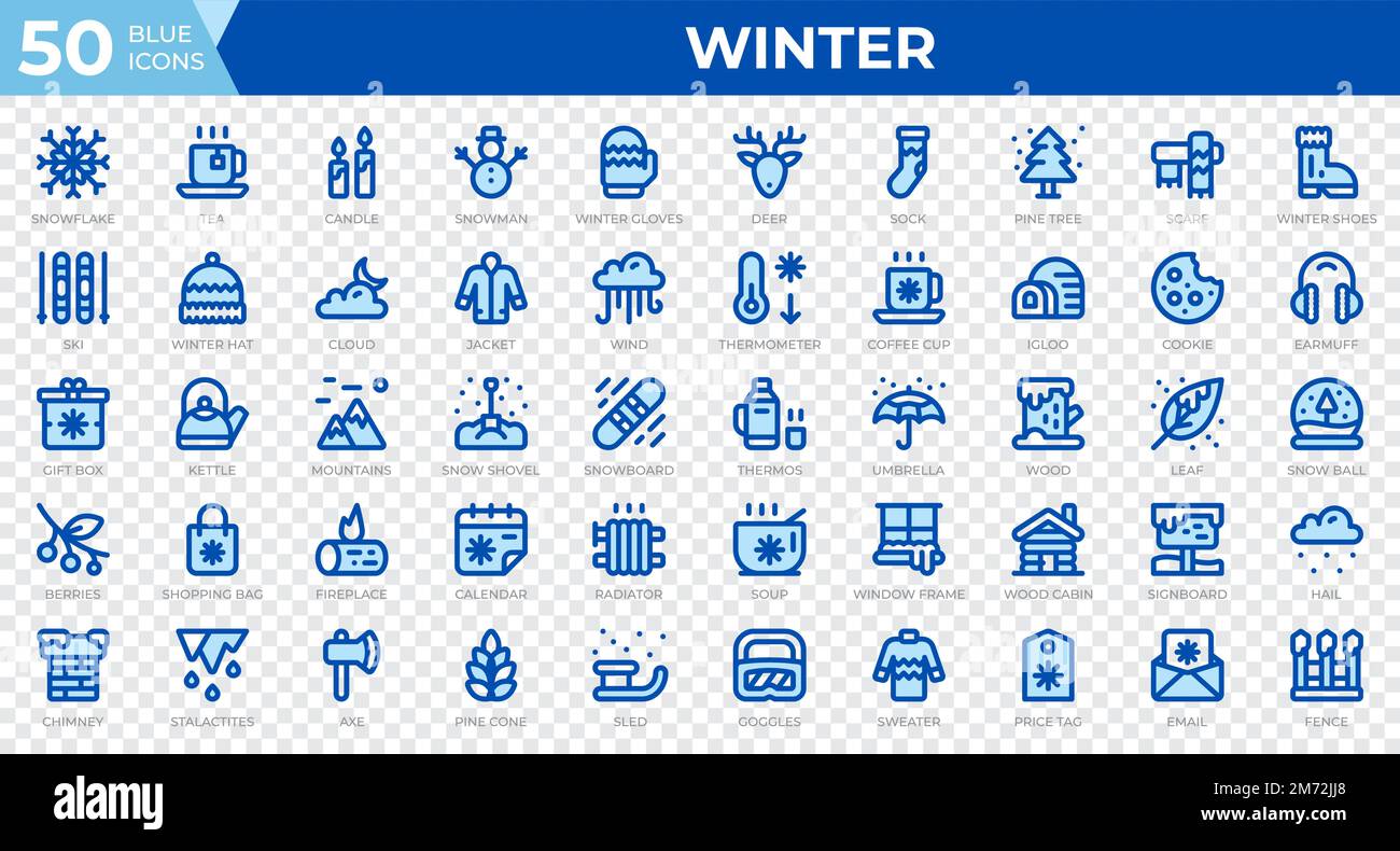 Winter icons in line blue style. Snowflake, tea, sweater. Line blue ...