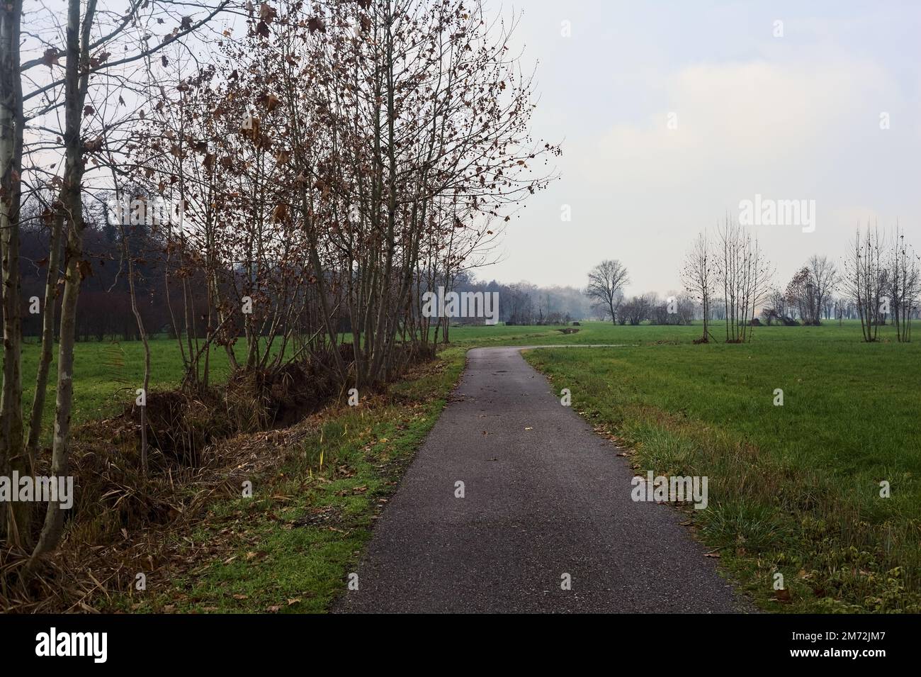 Paved trail in the fields on a cloudy day in the italian countryside ...