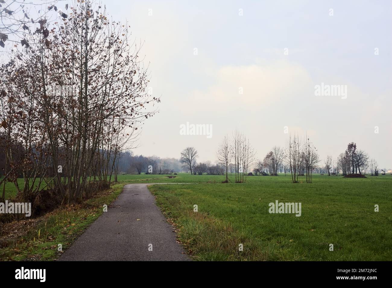 Paved trail in the fields on a cloudy day in the italian countryside ...