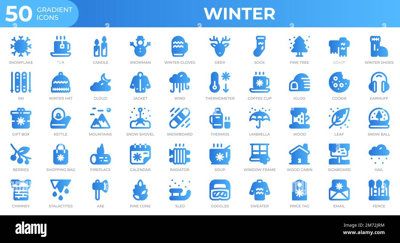 Winter icons in gradient style. Snowflake, tea, sweater. Gradient icons ...