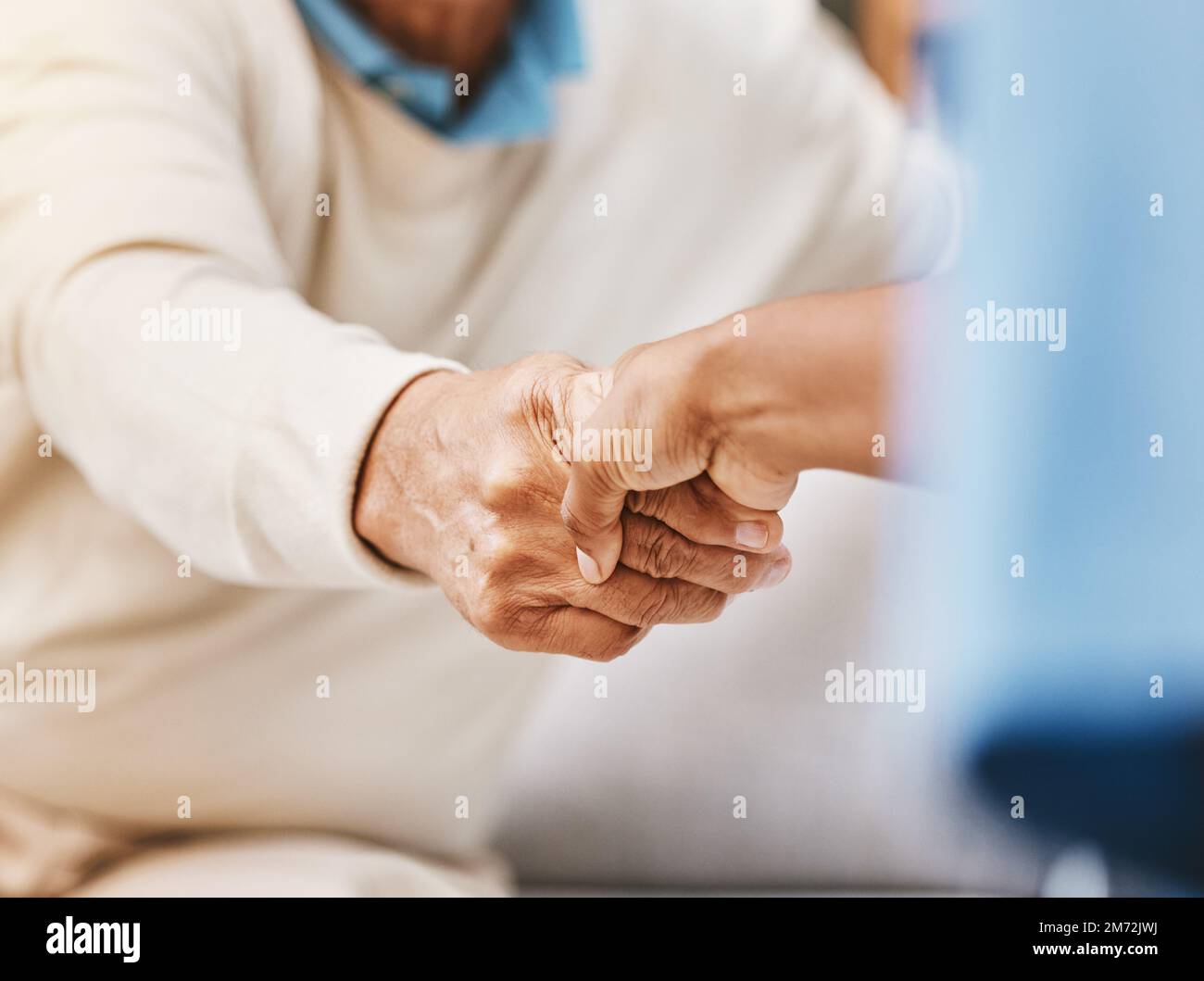 Handshake, healthcare nurse and senior medical support, consultation ...