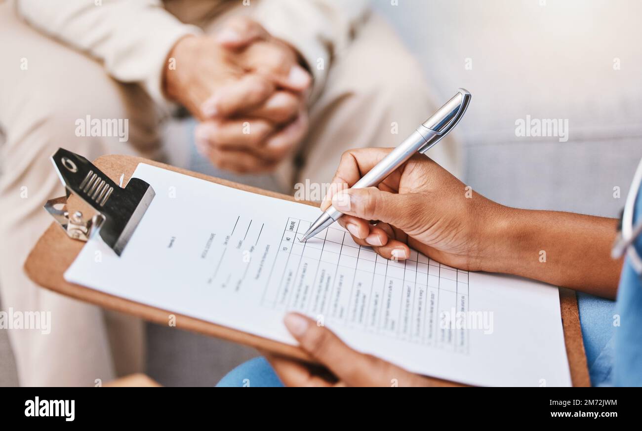 Nurse, clipboard and pen for checklist with patient, healthcare service ...