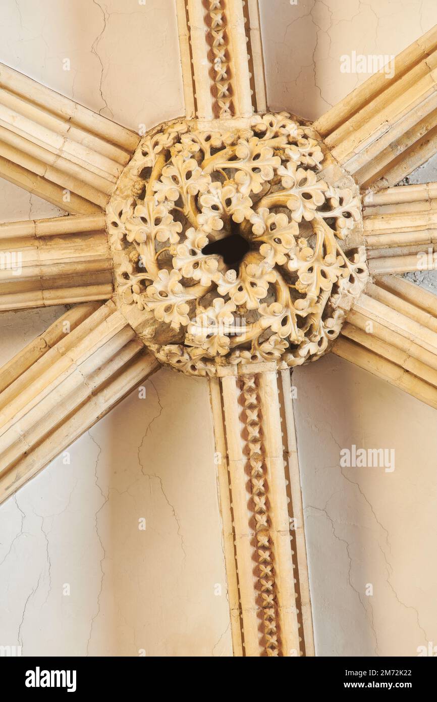 Boss on the ceiling in the nave of the medieval christian cathedral at ...