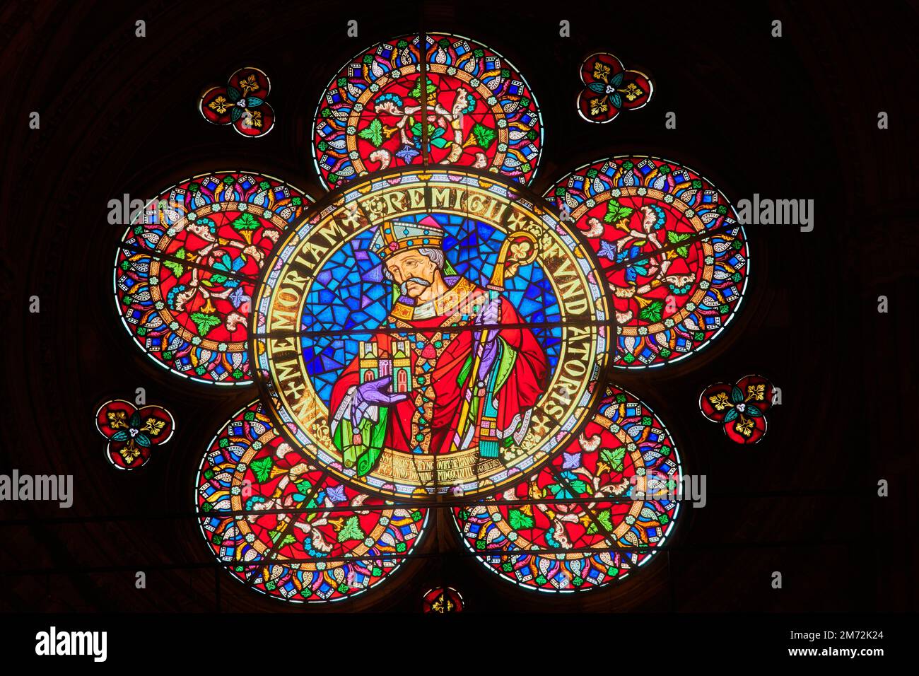 Stained glass window of bishop Remigius, founder, in the medieval ...