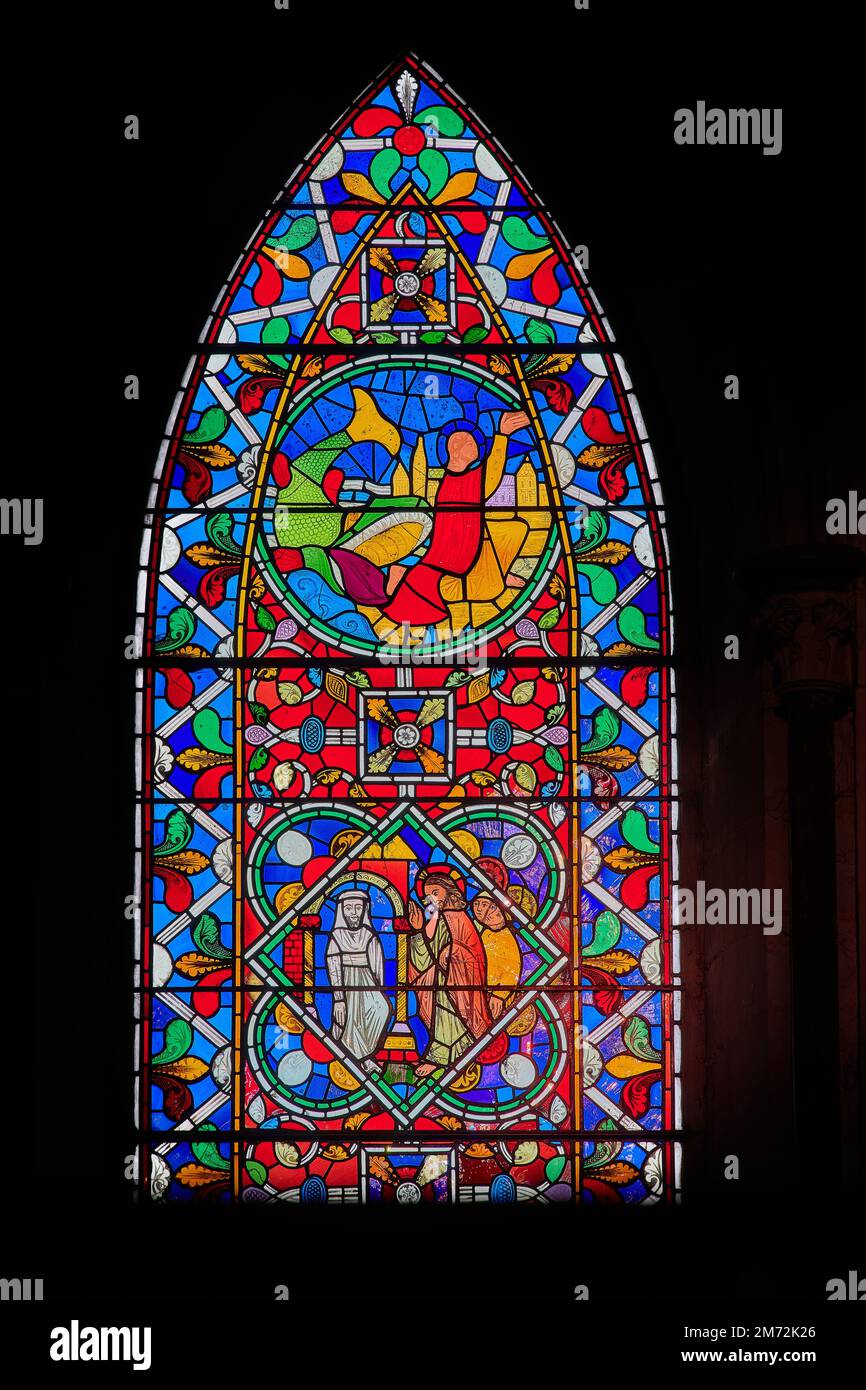 Window, of Jonah and the whale (top), and Jesus raising Lazarus from ...