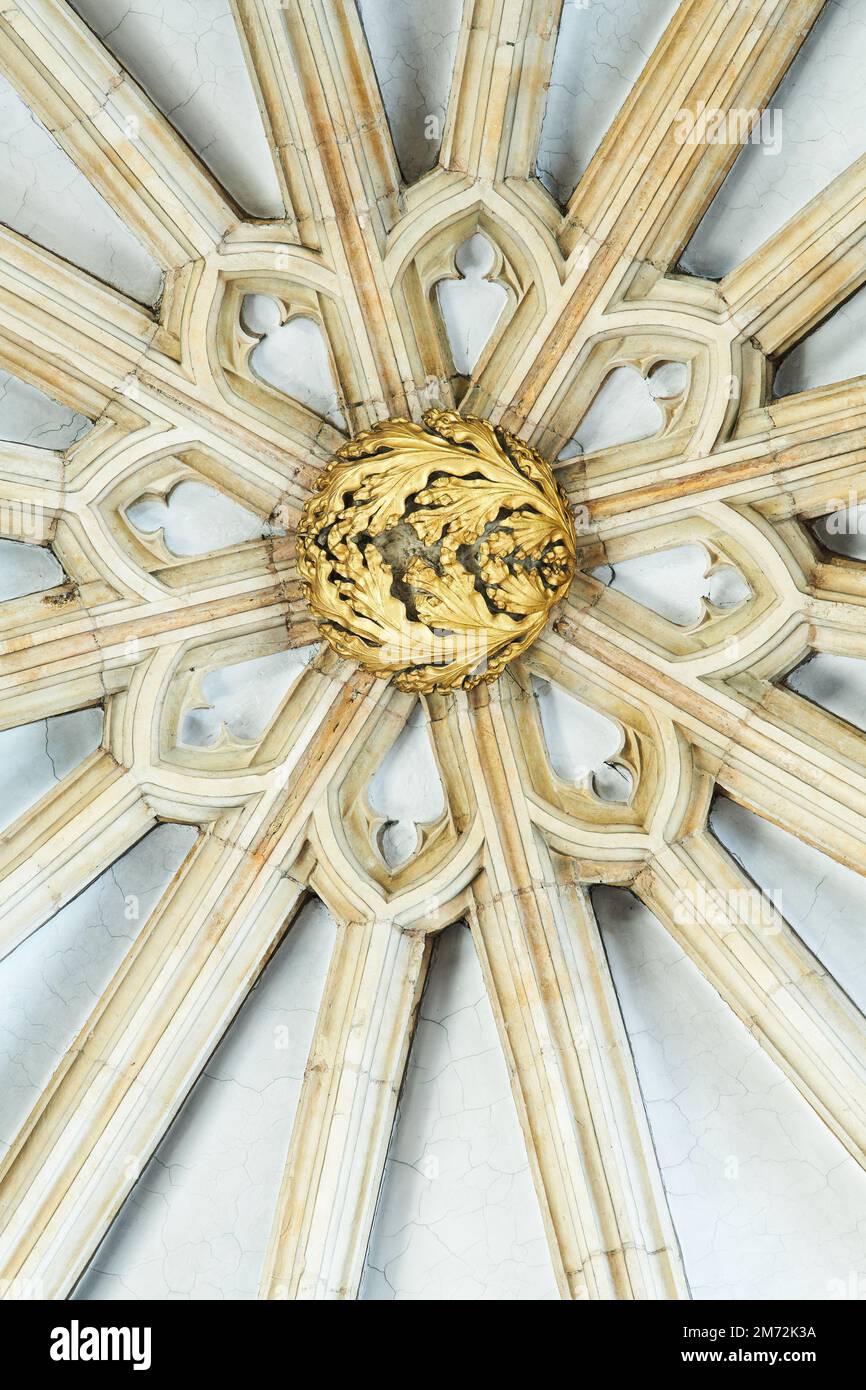 Boss on the ceiling of the central tower at the medieval christian ...