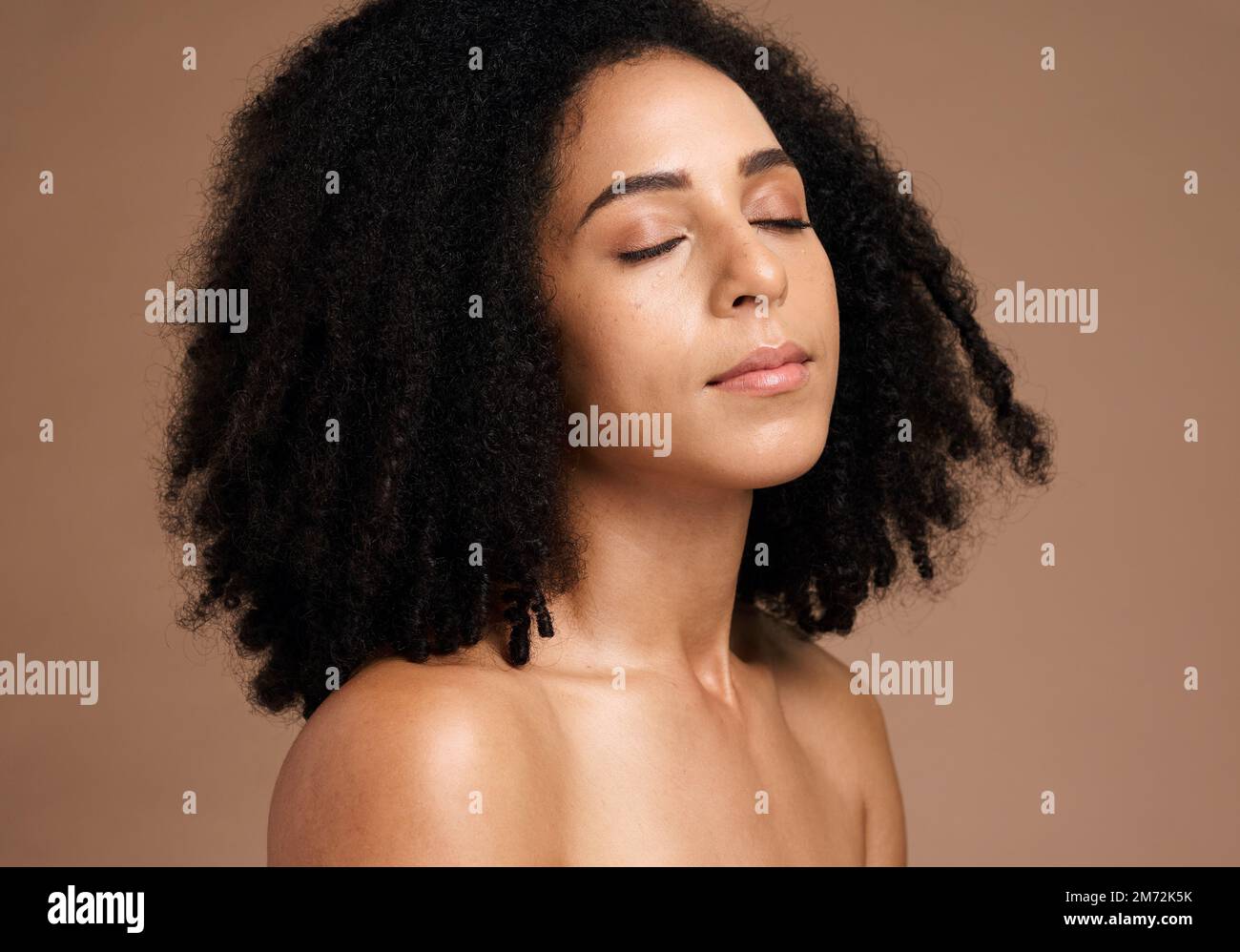 Black woman, studio and skincare beauty with eyes closed, thinking and ...