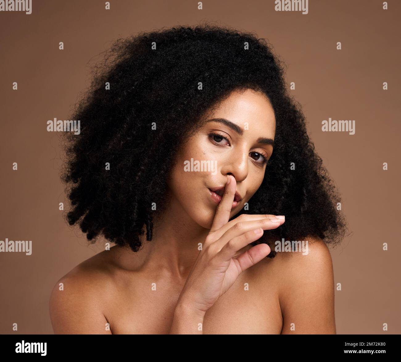 Black woman, portrait and finger on lips for secret to skincare ...