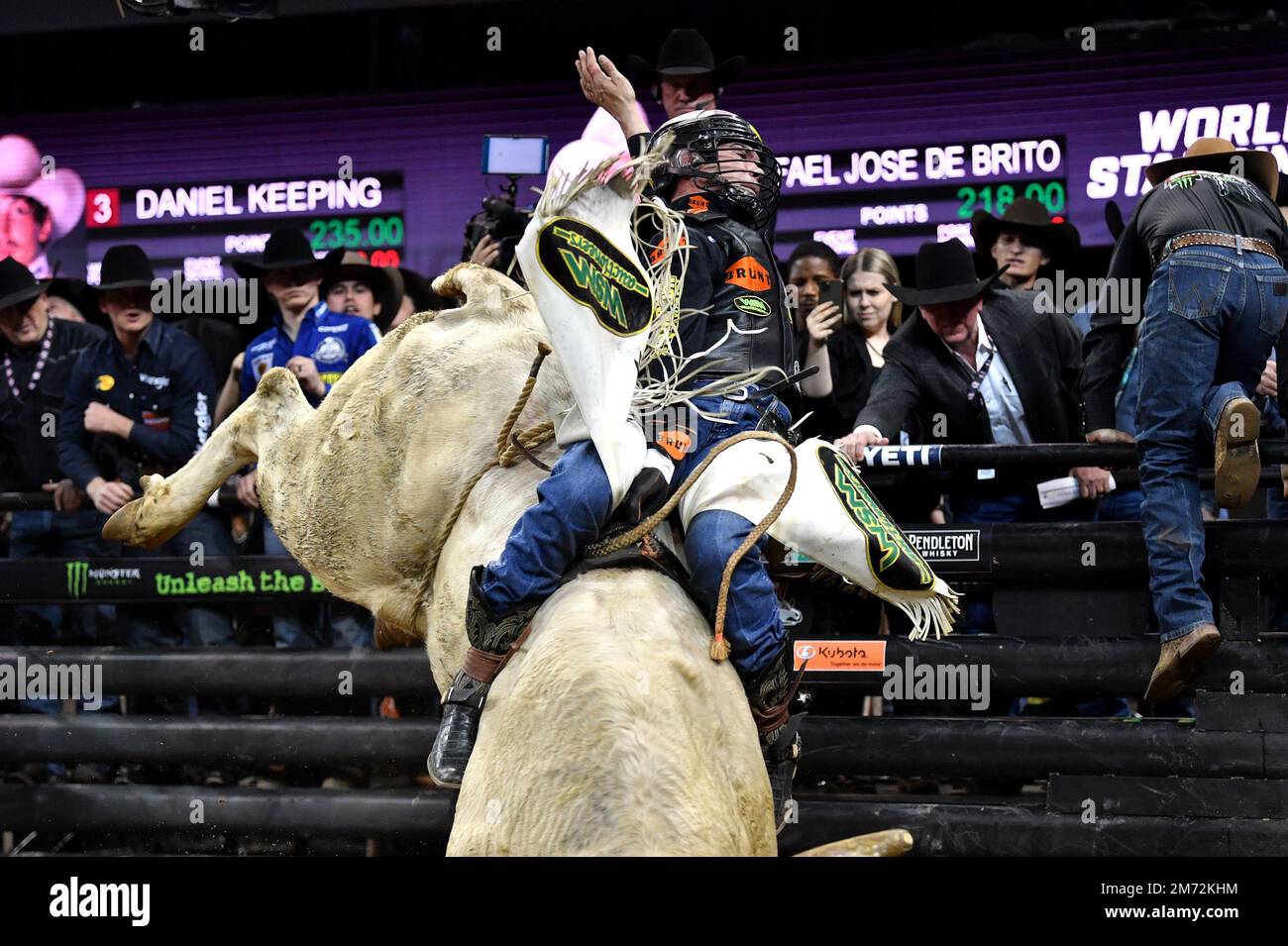 New York, USA. 06th Jan, 2023. Professional Bull Rider Eli Vastbinder (USA) rides a bull named ...