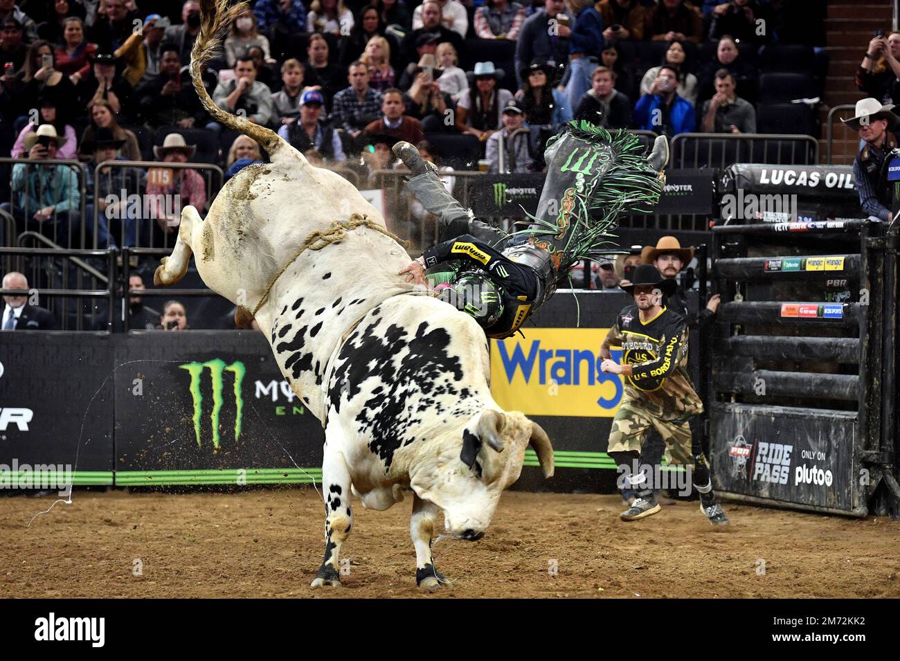 Professional Bull Rider Chase Outlaw (USA) is thrown off a bull named ...