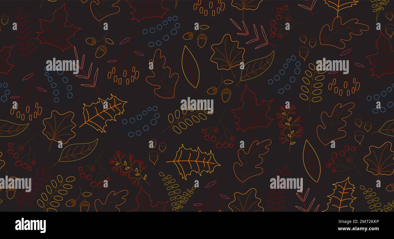 Vector hand drawn pattern with autumn elements on the dark gray ...