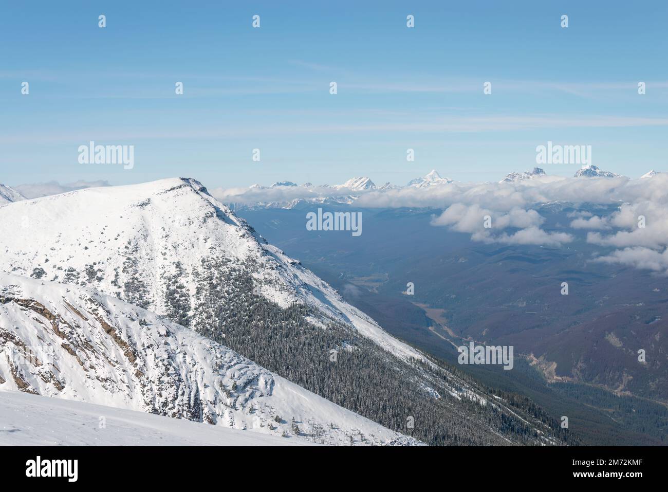 View of snow-capped mountain peaks from top of Jasper Skytram station ...