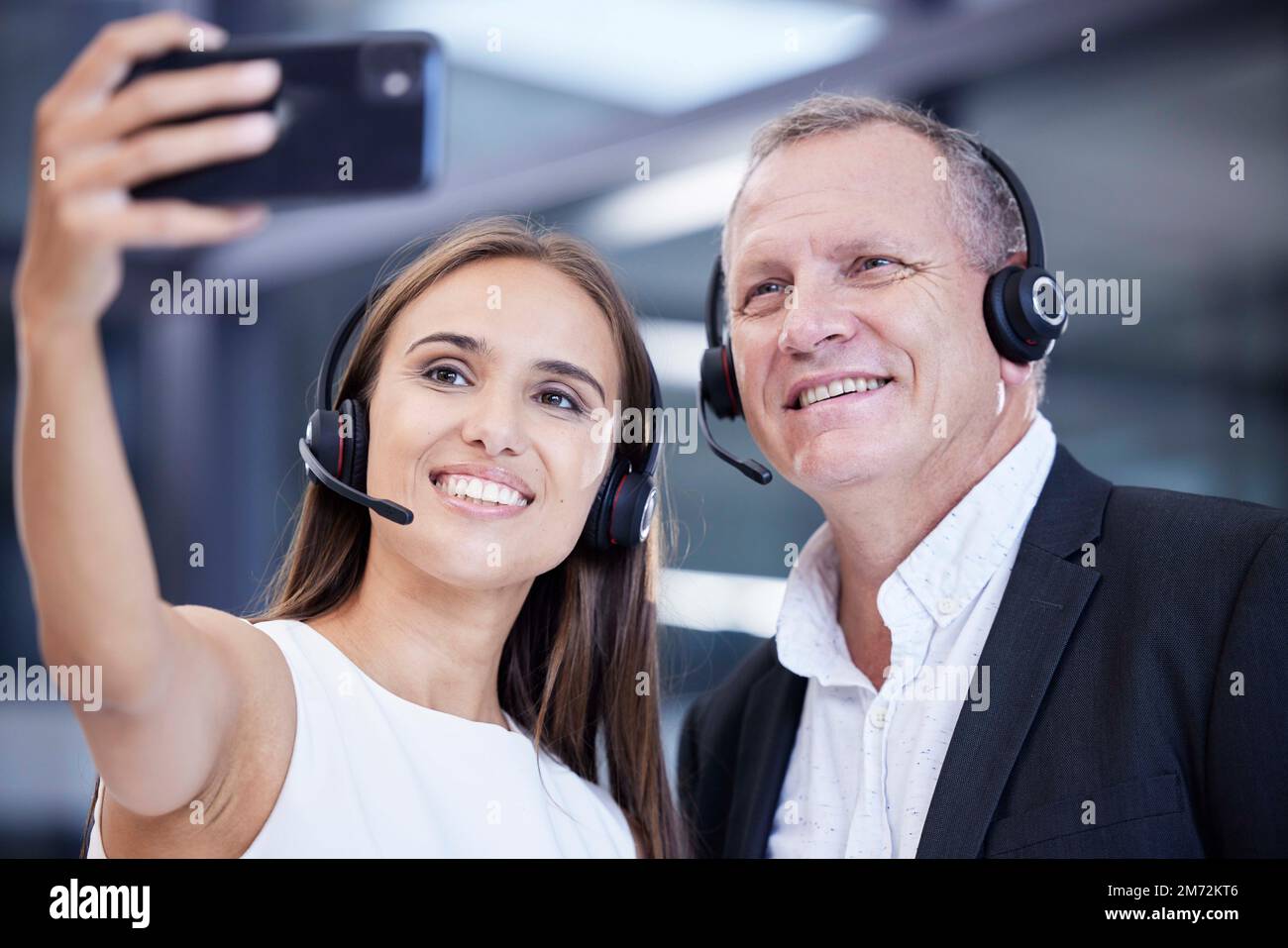 Call center, work and friends phone selfie smile at corporate customer ...