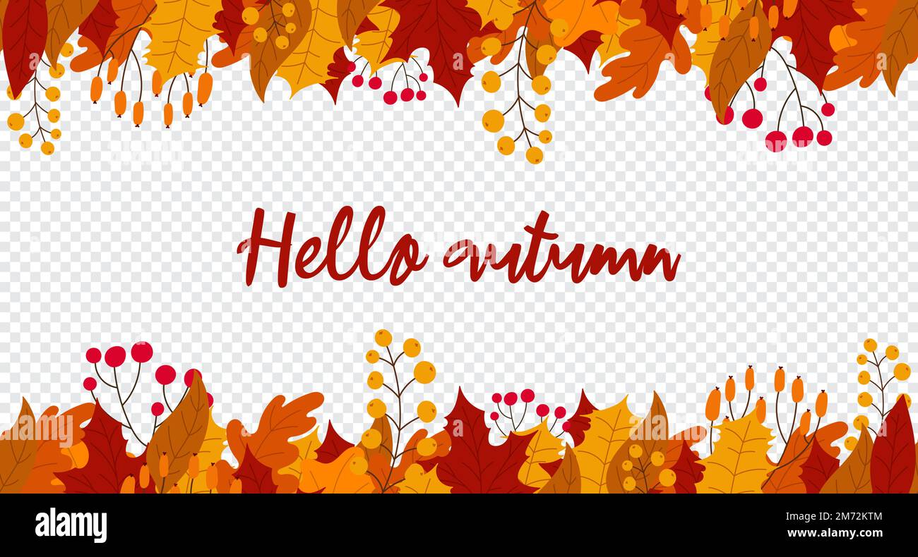 Hello autumn lettering postcard. Background with leaves and berries in ...