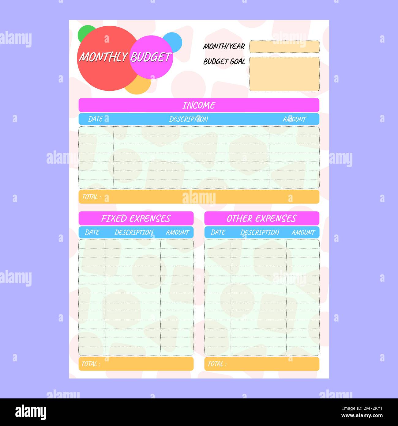 monthly budget planner with abstract background, color circles and ...