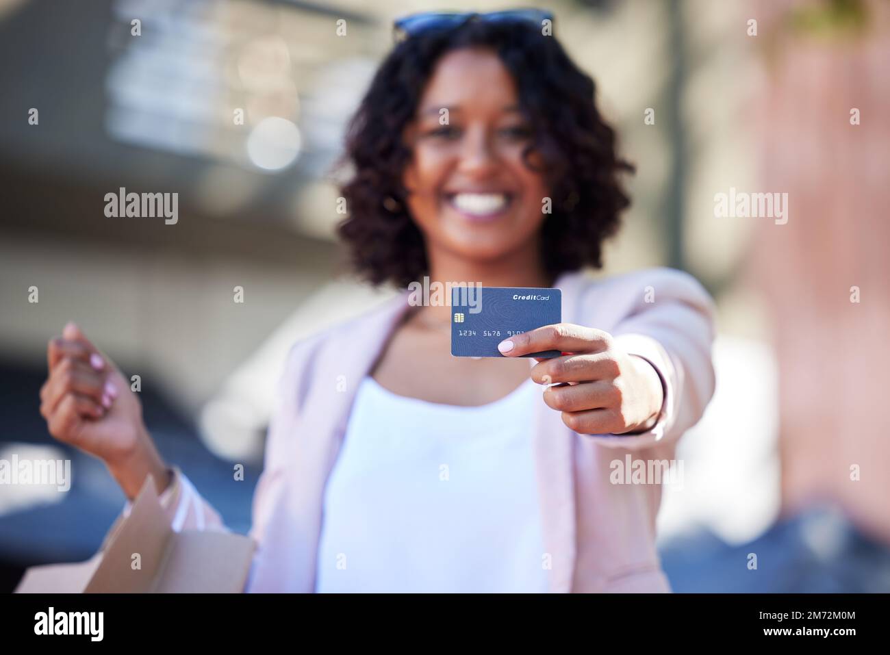 Shopping mall, money and woman showing credit card for finance of ...