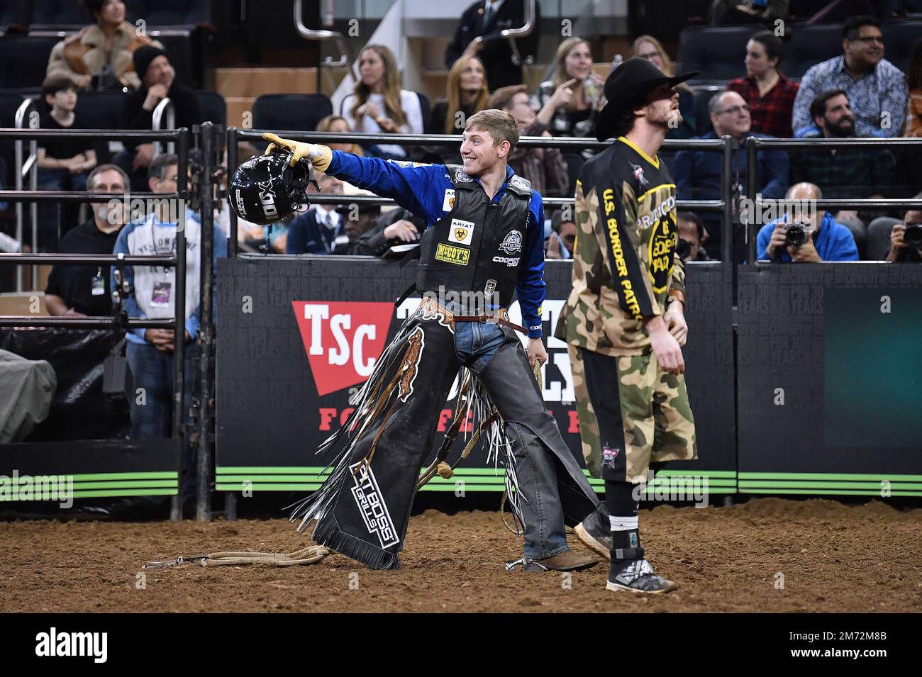 Professional Bull Rider Mason Taylor (BRA) celebrates after riding a ...