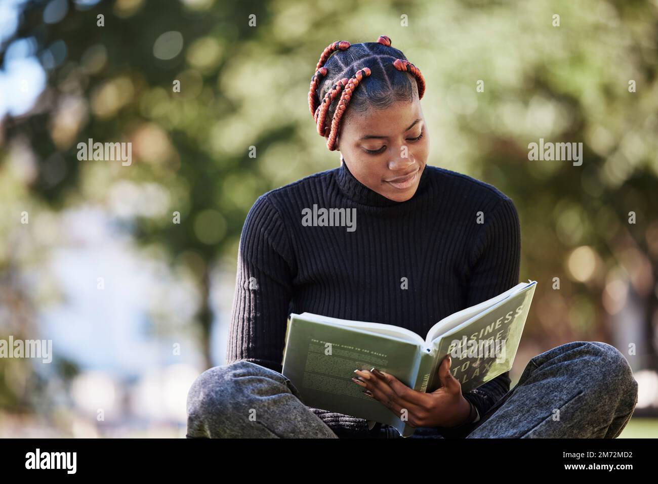Black woman, reading book or nature park, garden or environment field ...
