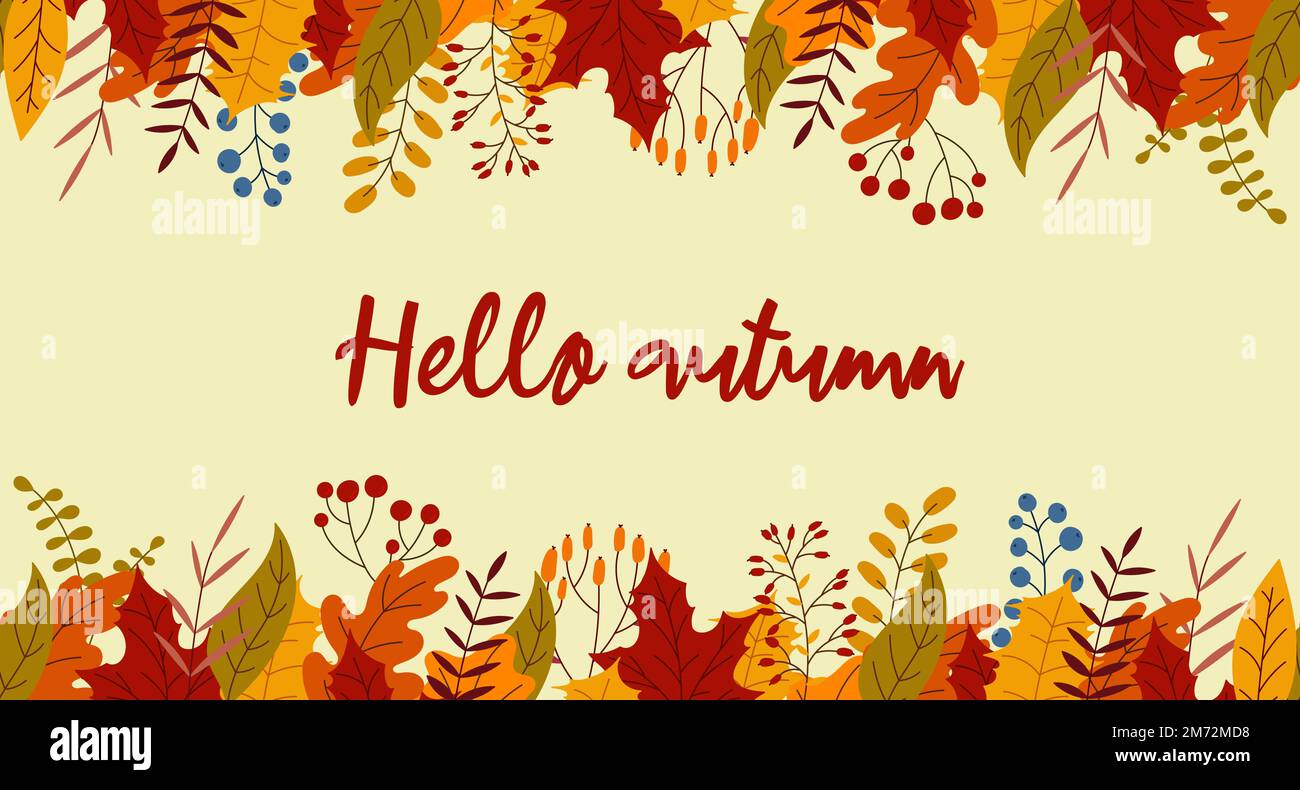 Hello autumn lettering postcard. Seamless horizontal banner with autumn ...