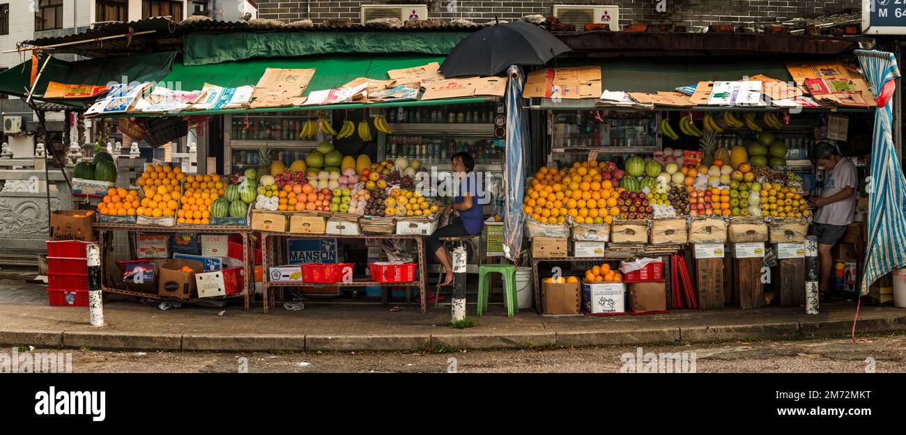 Hi-resolution panorama of a fruit and drinks stall in daytime in Sai Kung, New Territories, Hong ...