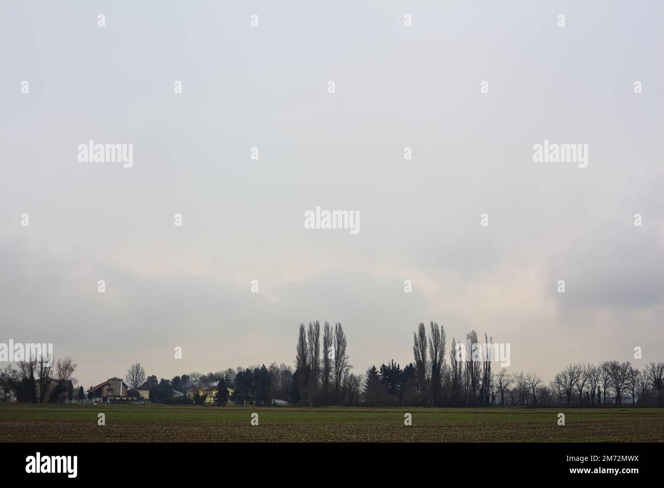 Farmhouse with trees in a cultivated field seen from the distance on a ...