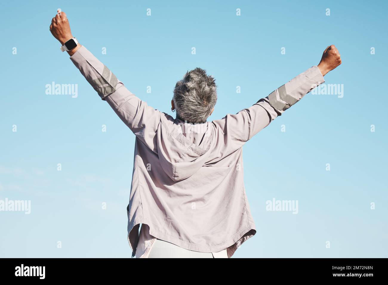 Freedom, fitness and woman hands in air on blue sky mockup for exercise ...