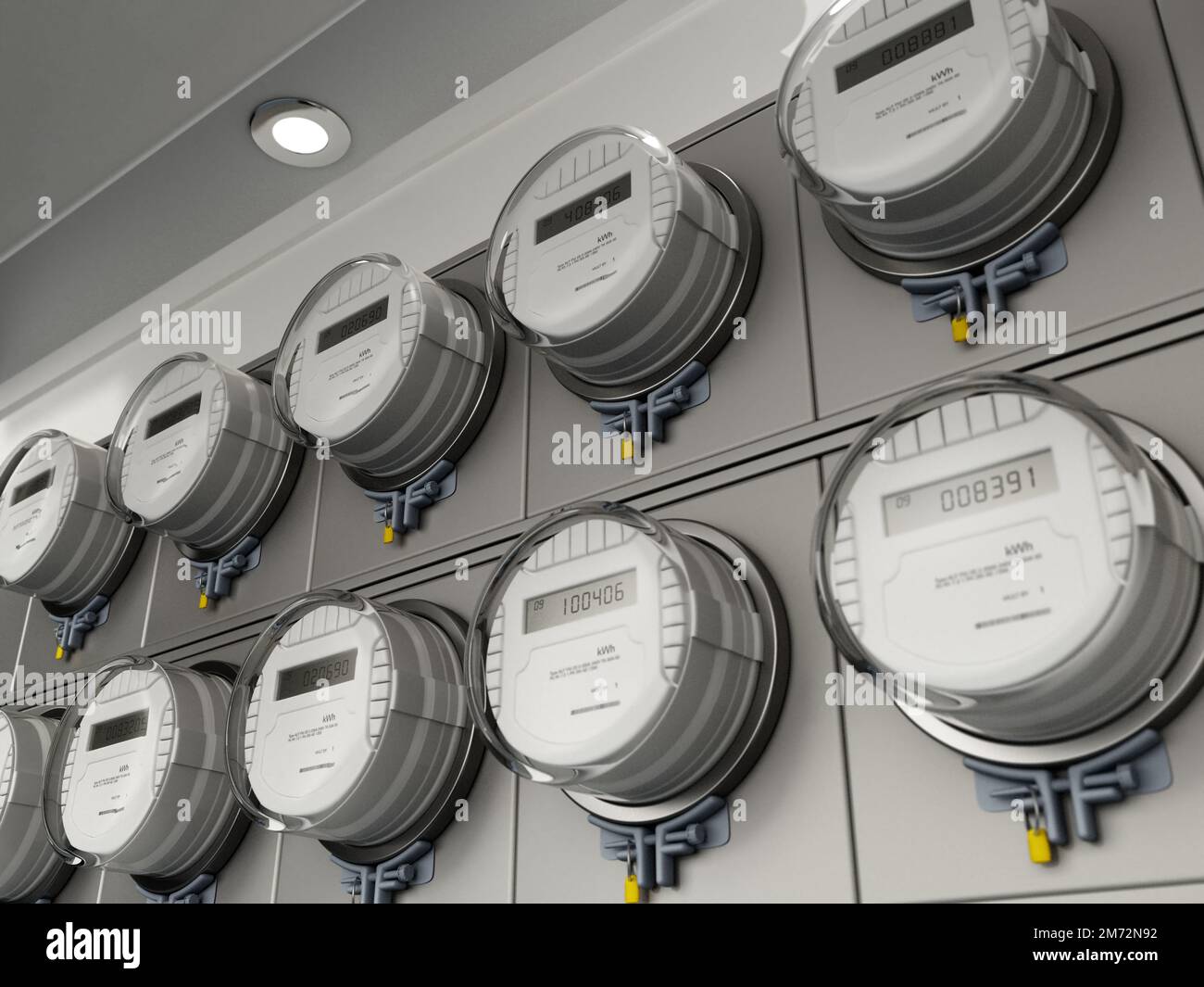 Row of electricity meters on the wall. 3D illustration Stock Photo - Alamy