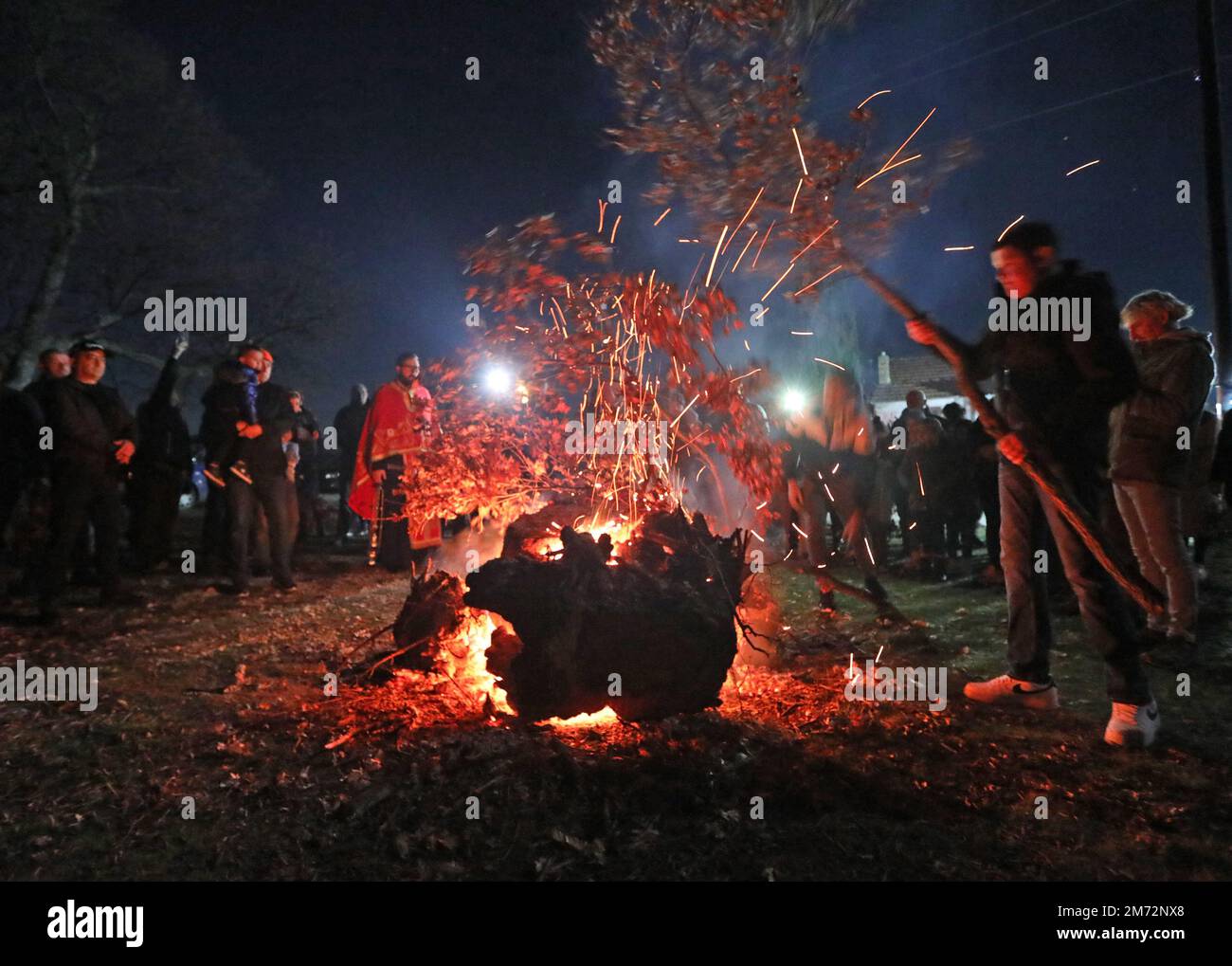 Burning dried oak branches, which symbolise the Yule log, on the ...