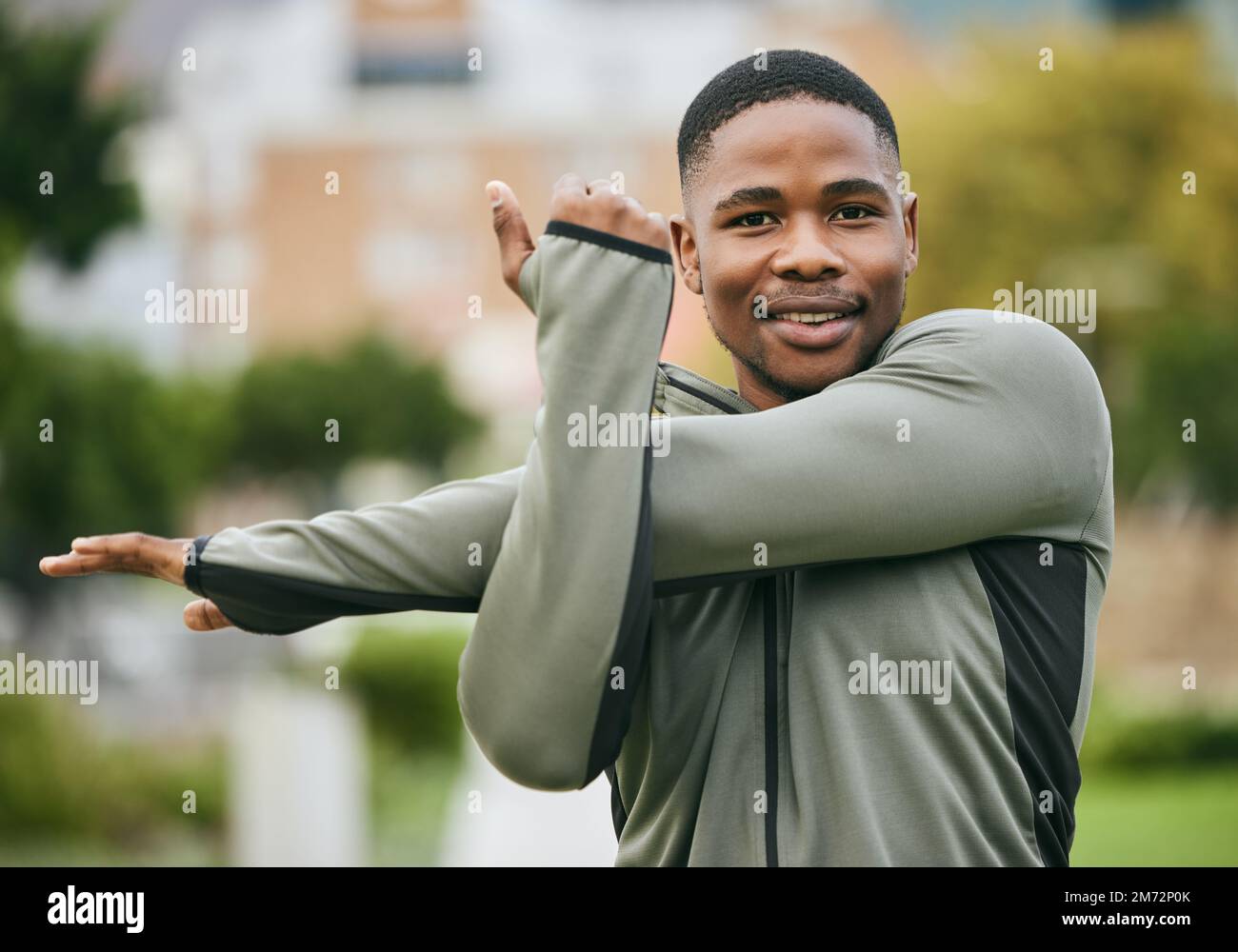 Fitness, stretching and black man in park for workout, training or ...
