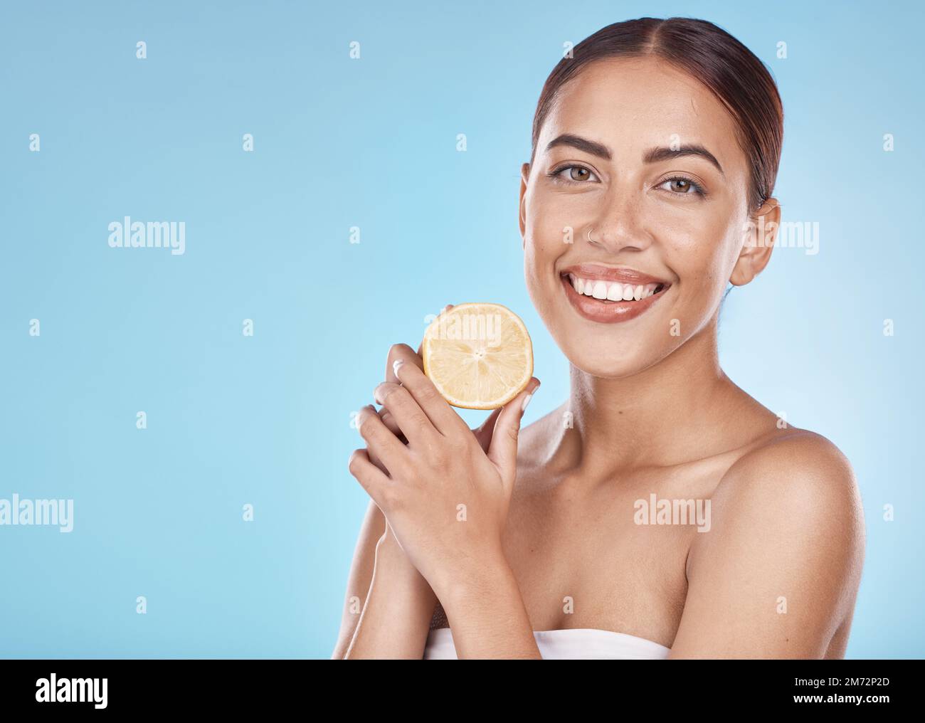Wellness, facial and lemon portrait of girl with natural smile and ...
