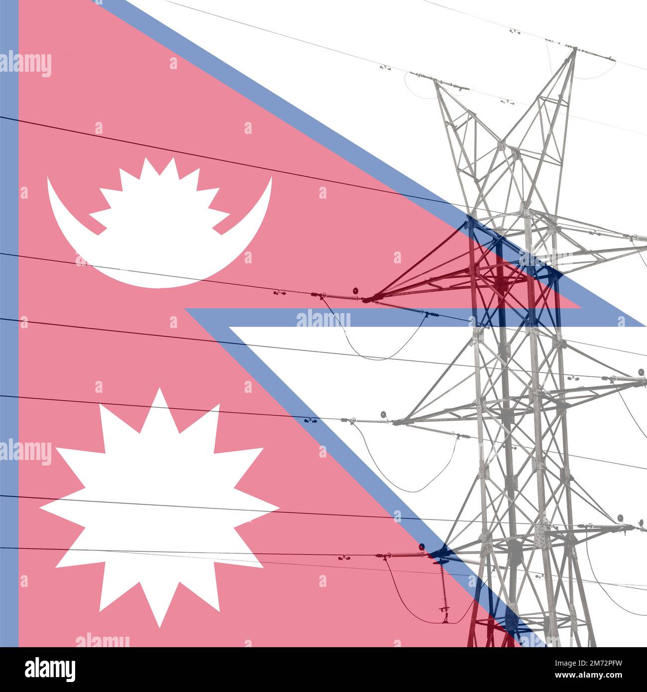 High-voltage transmission line with flag of Nepal.Energy concept Stock ...