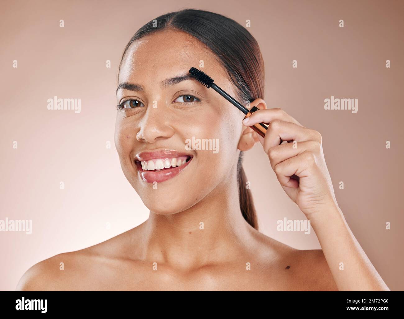 Beauty portrait and eyebrow brush of woman for grooming routine with ...