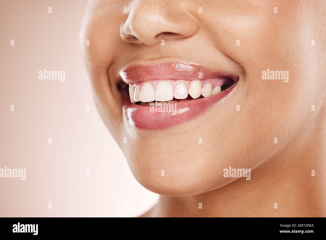 Dental, teeth and beauty with smile of woman for product, wellness and ...