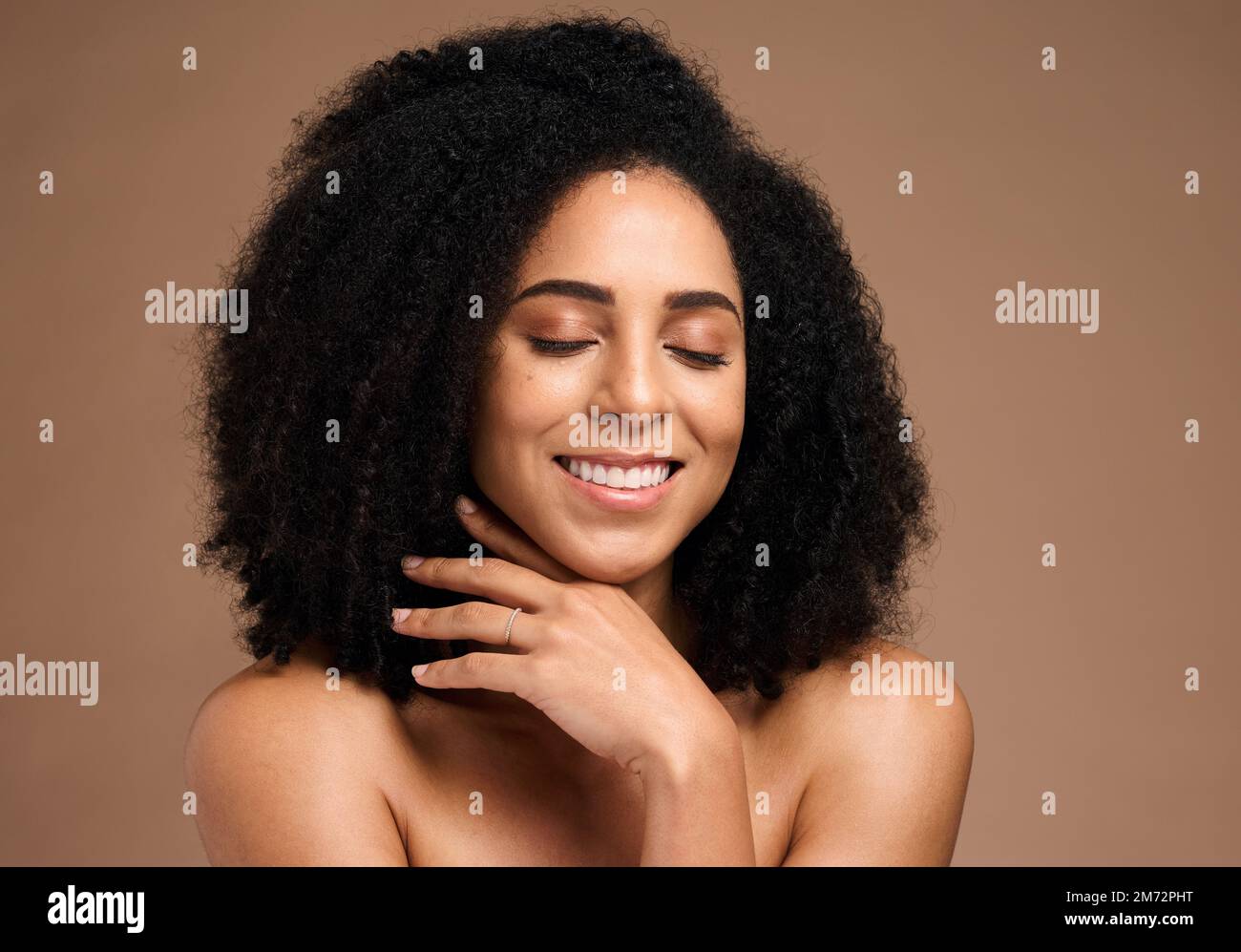 Hair, afro and face of black woman with skincare glow, natural ...