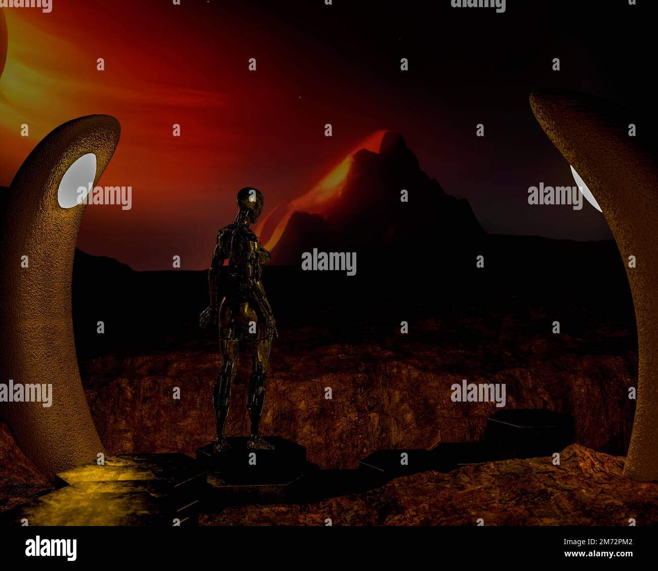 Robot walking on an alien planet. Future technology concept, artificial ...