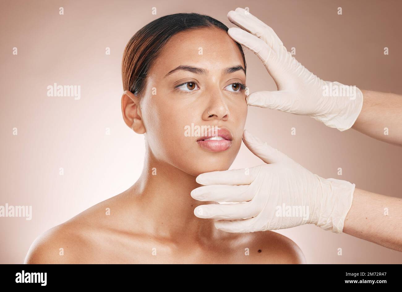 Rhinoplasty, hands and woman consulting for face botox, beauty implant ...