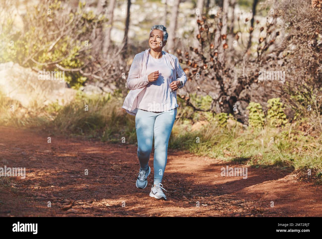 Fitness, happy or old woman running in nature cardio training, exercise ...
