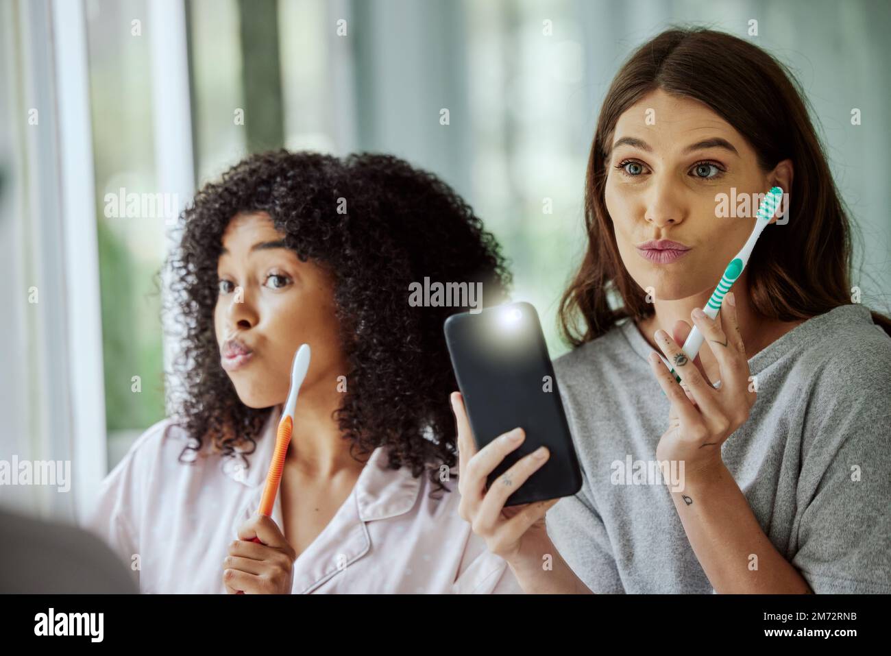 Phone selfie, face and friends brushing teeth, goofy routine and ...