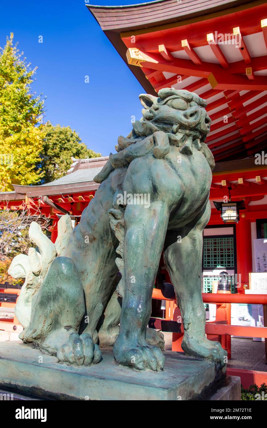 Kobe Japan Dec 6th 2022: the bronze statue Komainu in Ikuta Shrine. it ...