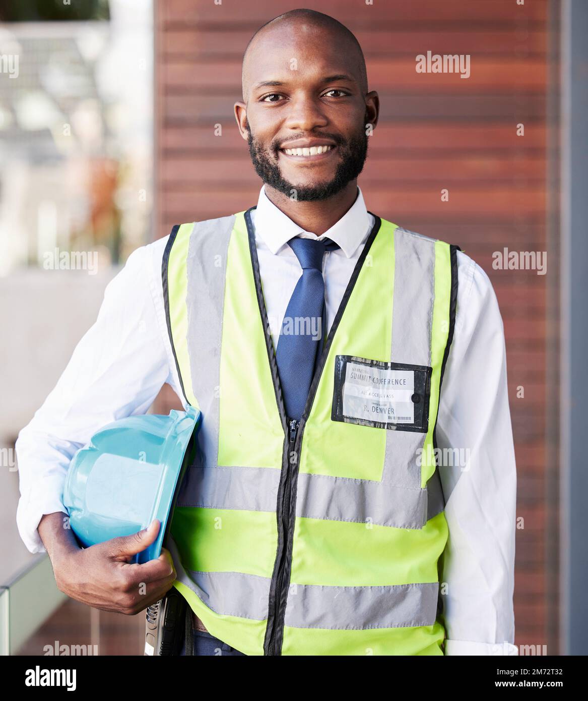 Face portrait, black man and construction architect with all access ...