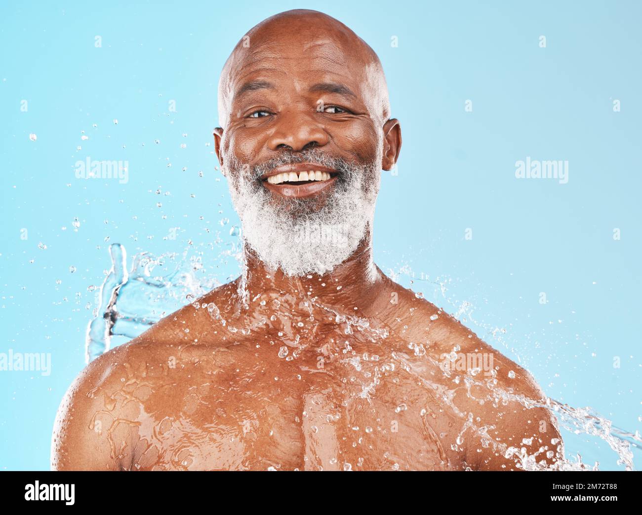 Water splash, senior black man and beauty with face and portrait, hydration and hygiene, healthy ...