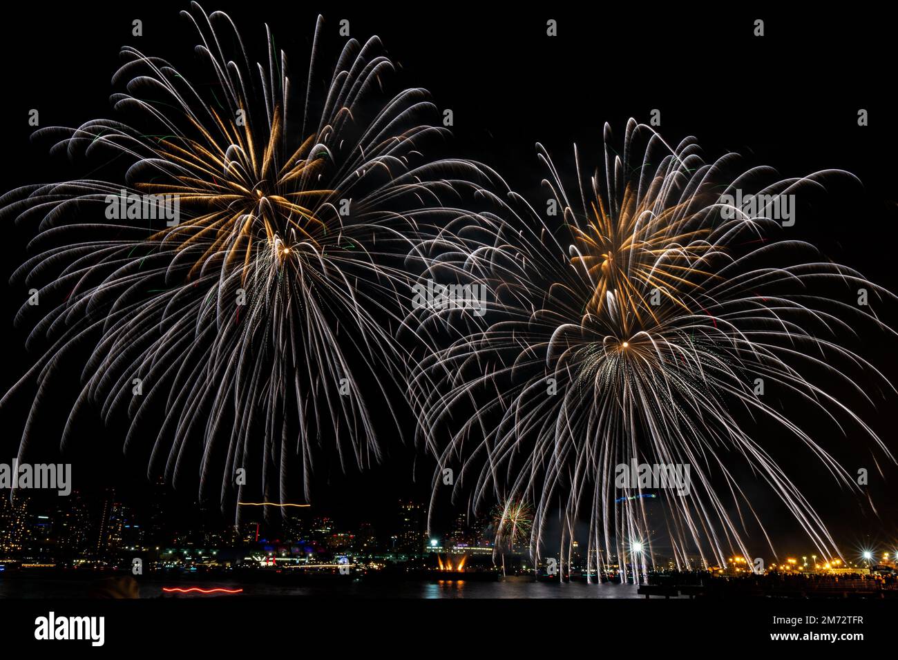 Beautiful colorful fireworks glowing in the dark night sky on the 4th ...