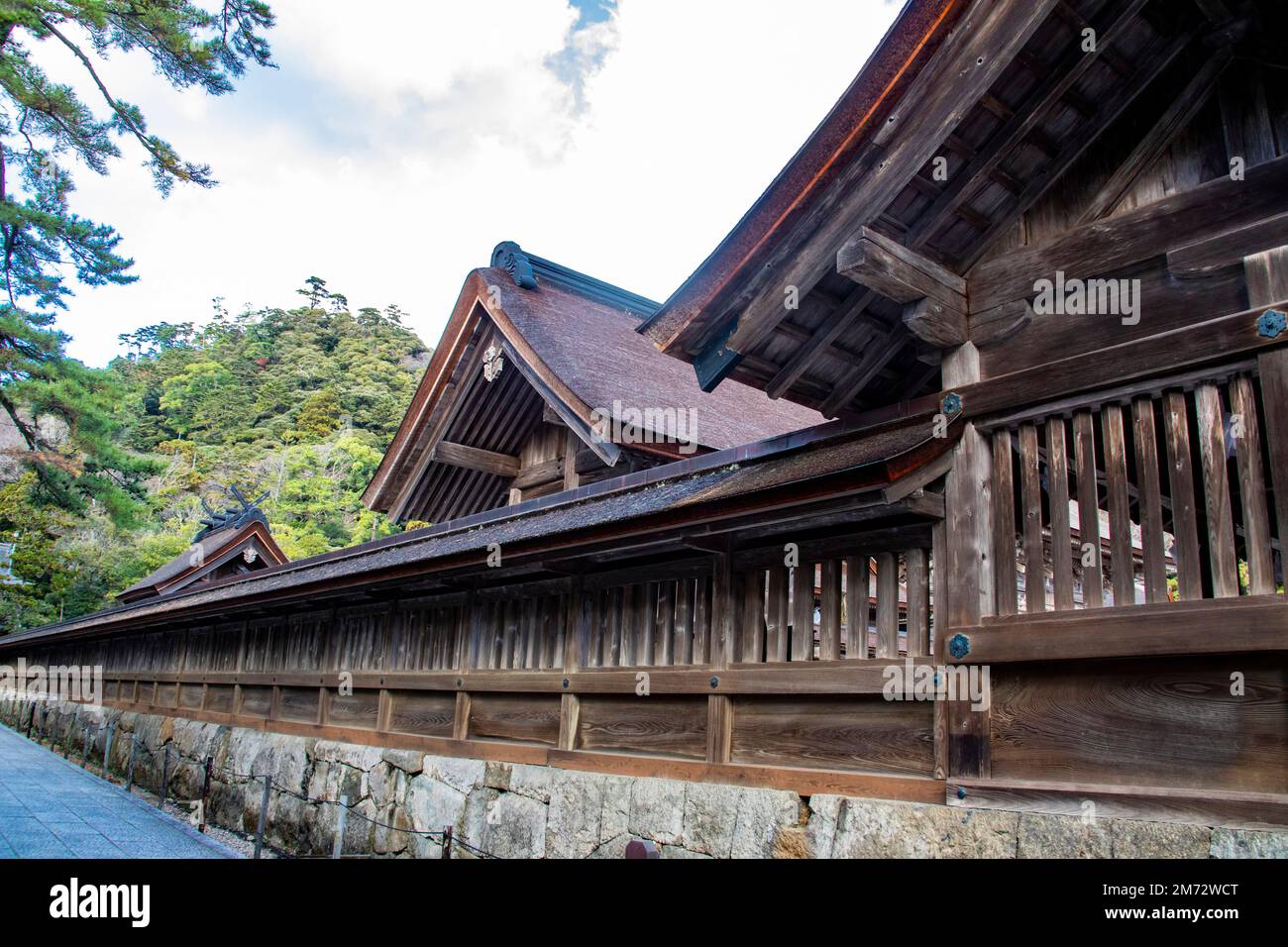 the view of the building and wall in shrine Izumo-taisha in Izumo ...