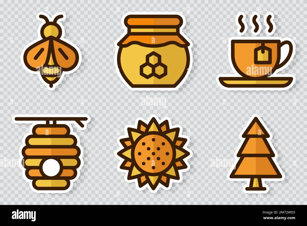 Set of honey theme stickers icons. Set of stickers on bee theme. Simple ...