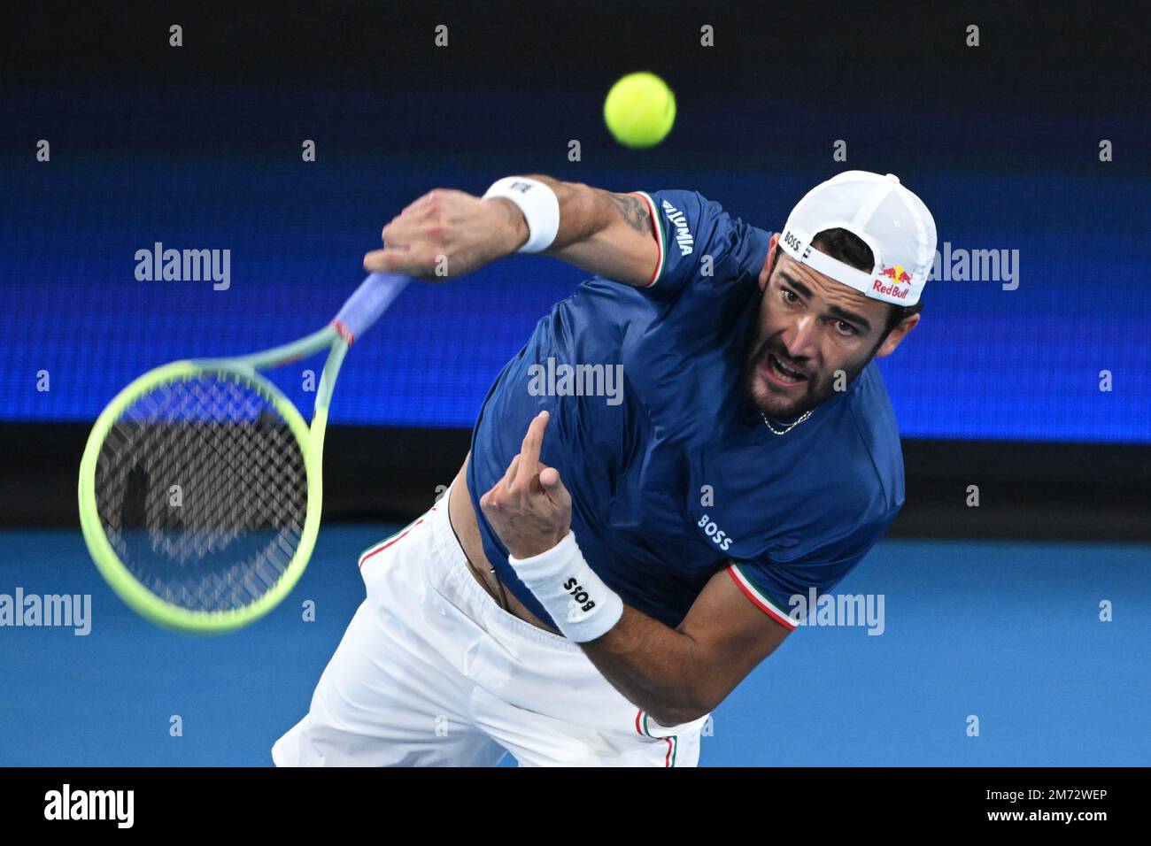 Matteo Berrettini of Italy in action against Stephanos Tsitsipas of ...