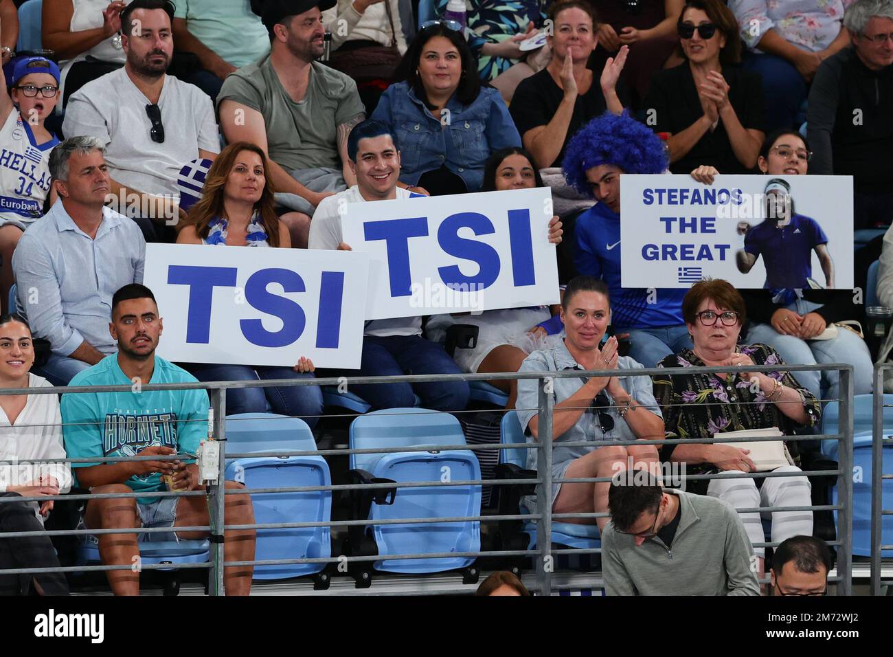 Sydney, Australia. 07th Jan, 2023. Greek fans hold up signs during the ...