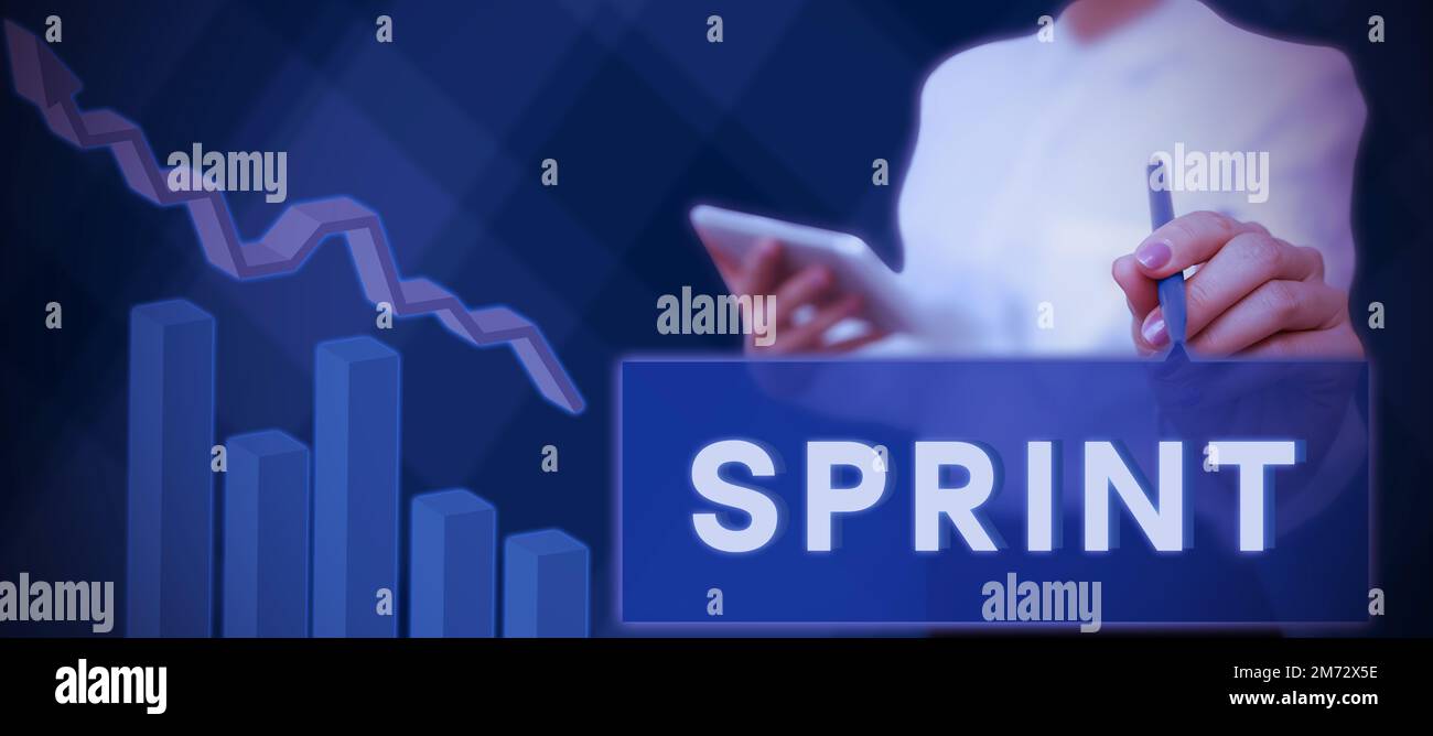 Text caption presenting Sprint. Conceptual photo to move at top speed ...